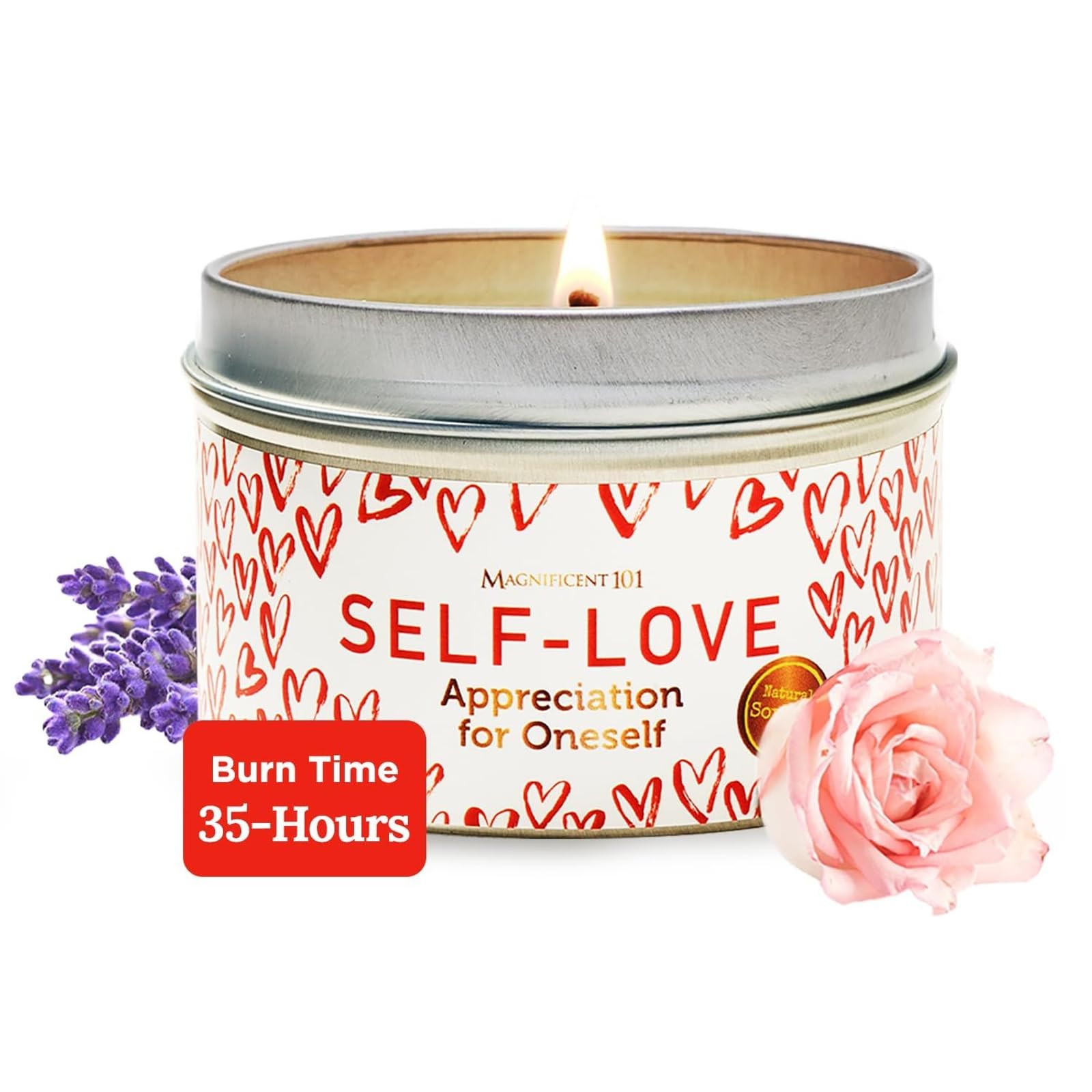 Magnificent 101 Long Lasting Self-Love Aromatherapy Candle – 6 Oz - 30 Hour Burn | Made of Sage Rose Lavender Scented Soy Wax Candle for Appreciation for Oneself, Purification & Manifestation