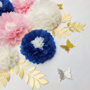 Mybbshower Navy Blue Pink DIY Paper Flower Decorations for Wall Backdrop Bridal Shower Decorations Nautical Wedding Centerpiece Set of 27 (Blush Navy)