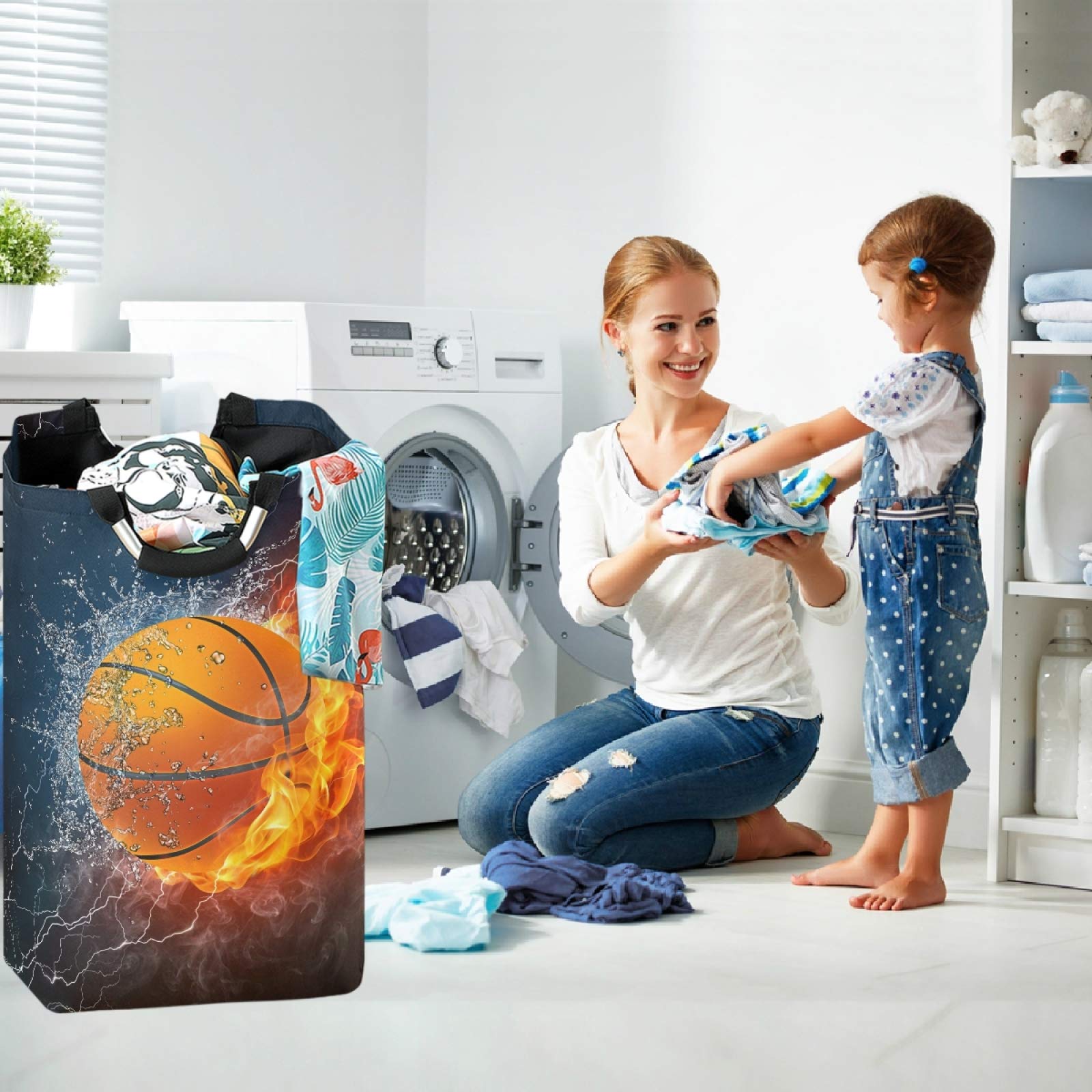 visesunny Basketball with Fire and Water Large Capacity Laundry Hamper Basket Water-Resistant Oxford Cloth Storage Baskets for Bedroom, Bathroom, Dorm, Kids Room