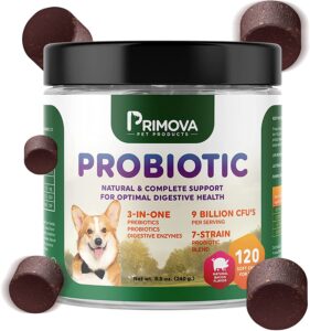 primova pet products - probiotic dog chews for dog digestive enzymes - dog diarrhea & natural allergy relief - puppy probiotic chews - dog allergy chews - pack of 120 chews