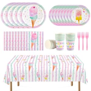 ice cream party supplies set - ice cream popsicle party tableware for girls kids birthday baby shower disposable tablecloth plates paper cups napkins cutlery bag utensils serves 16 guests 130pcs