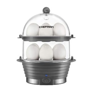 chefman electric egg cooker boiler, rapid egg-maker & poacher, food & vegetable steamer, quickly makes 12 eggs, hard or soft boiled, poaching and omelet trays included, ready signal, bpa-free, grey