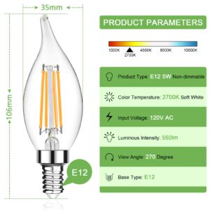 LANGREE E12 LED Candelabra Base Bulbs 5W Equivalent, 550lm, 2700K Soft White, CRI 80+, No Flickering, Long Lifespan, Dimmable, 10 Count