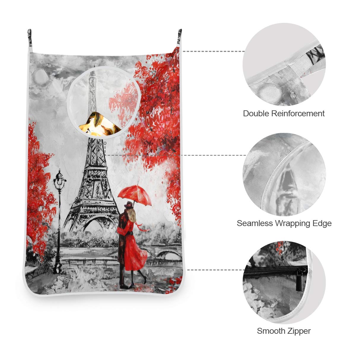 Paris Eiffel Tower Door Hanging Laundry Hamper Bag Red Tree Lovers Space Saving Wall Large Laundry Basket Storage Dirty Clothes Bags with Bottom Zippers Hooks for Bathroom Bedroom 1 Pcs