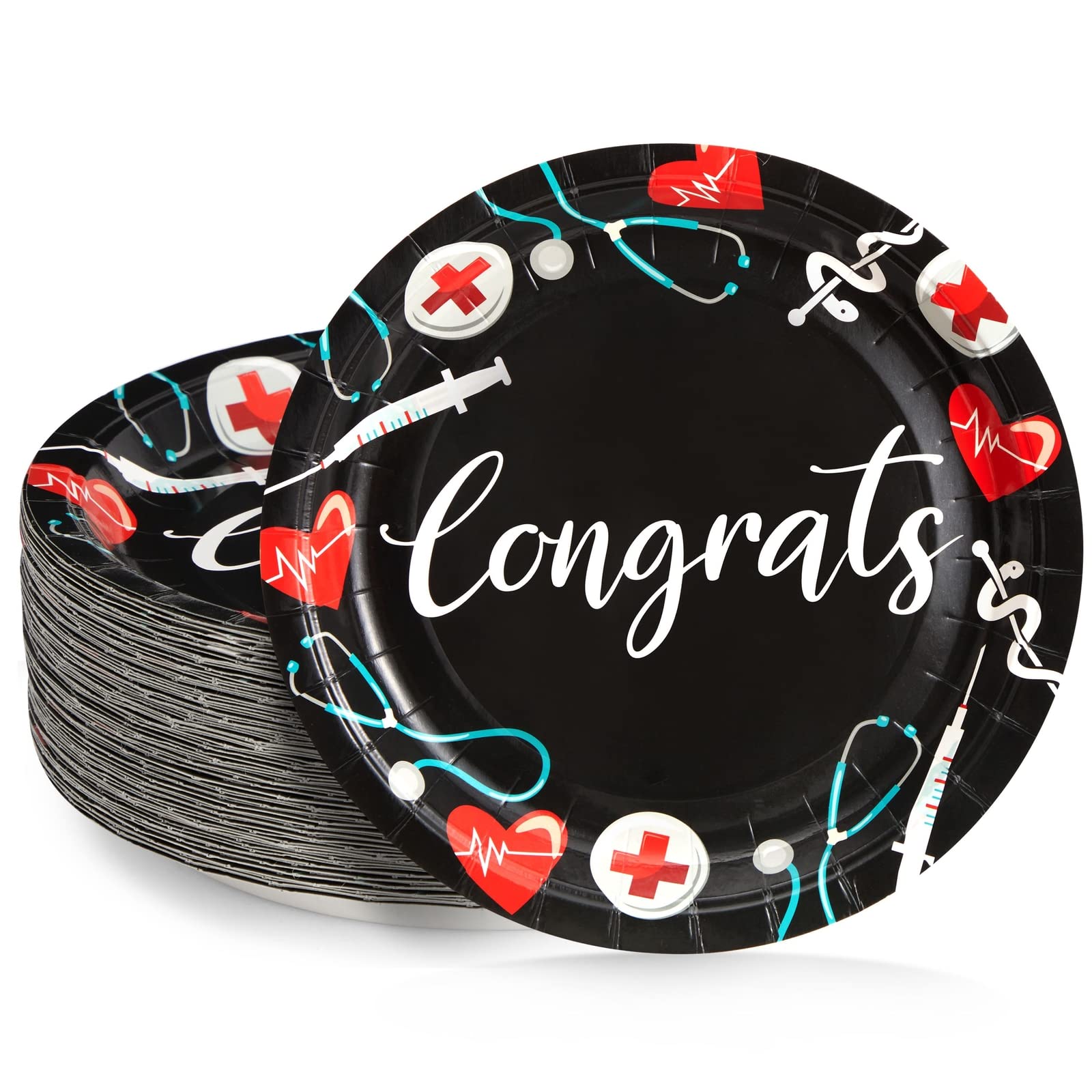 Sparkle and Bash 80 Pack Nurse Paper Plates for Nursing Graduation Party Supplies, Congrats and Medical Symbol Designs, for Student Nurses, Doctors, Medical Professionals (9-Inch Diameter)