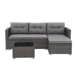 JOIVI Outdoor Patio Furniture Sets, All Weather Outdoor Sectional Patio Sofa, Wicker Rattan Outdoor Couch Patio Set with Cushions, Tempered Glass Table, 3-Piece Outdoor Seating Sofas, Gray