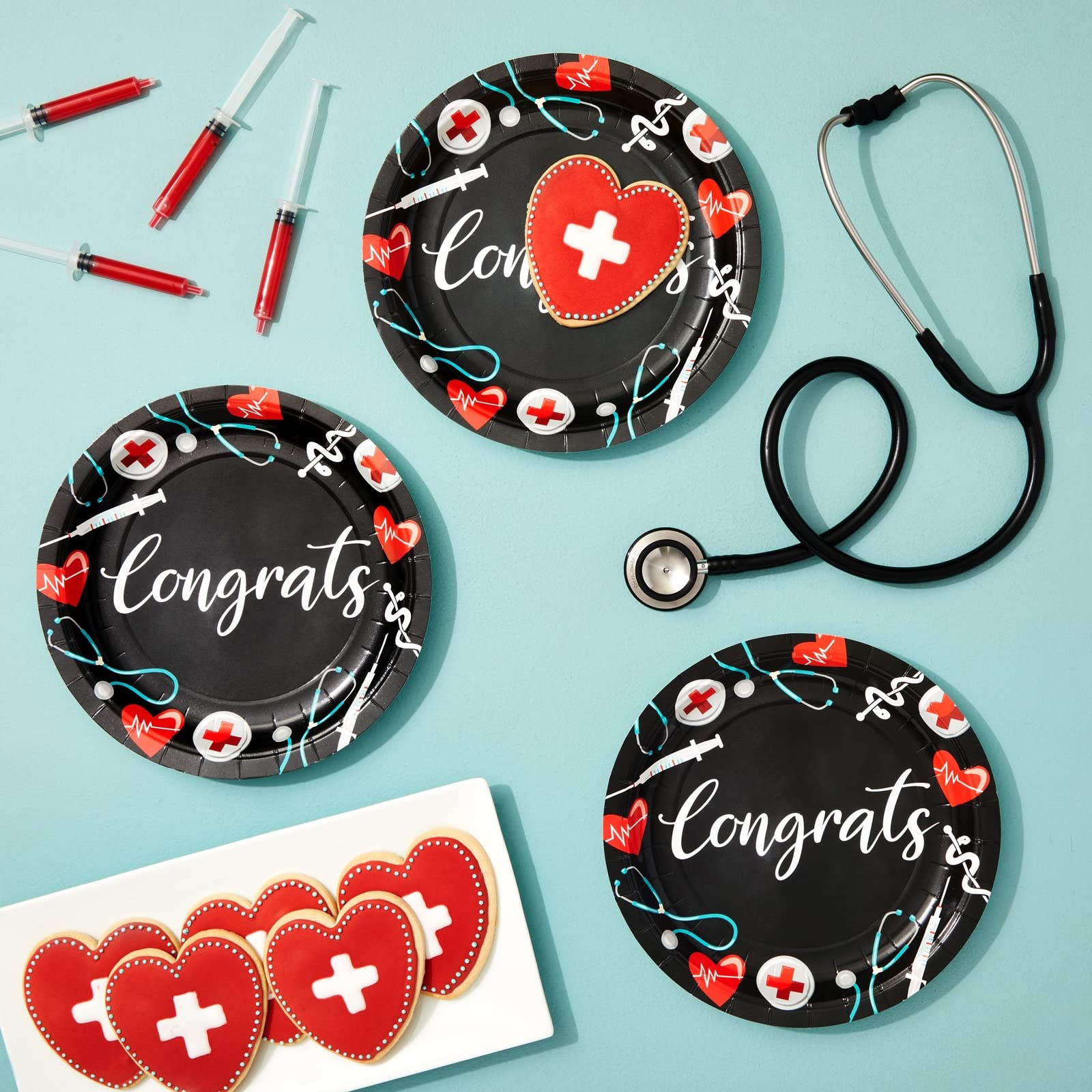 Sparkle and Bash 80 Pack Nurse Paper Plates for Nursing Graduation Party Supplies, Congrats and Medical Symbol Designs, for Student Nurses, Doctors, Medical Professionals (9-Inch Diameter)