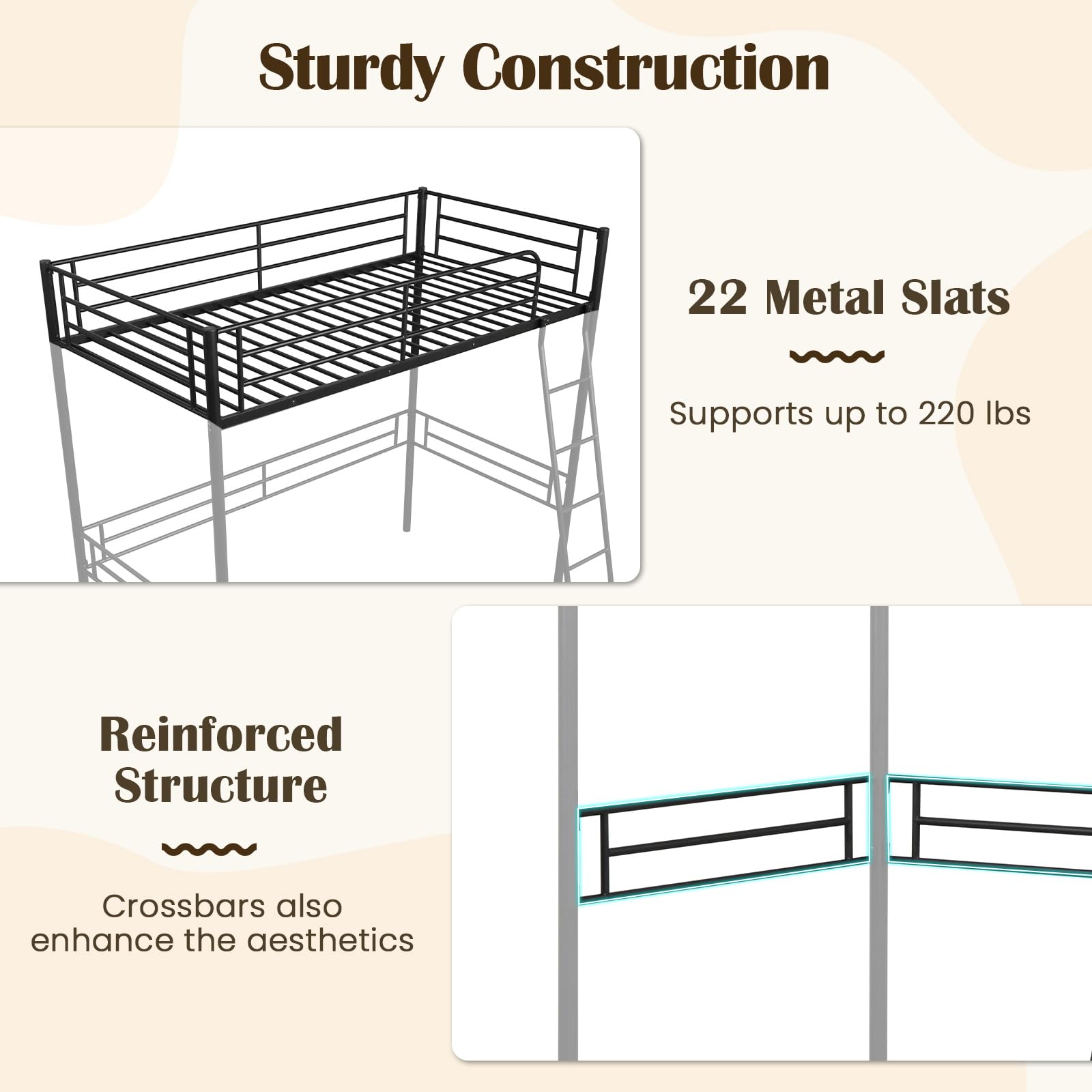 Giantex Twin Size Loft Bed, Metal Loft Bed Frame with Ladder & Safety Guardrail, Space-Saving Loft Bed with Ample Space Underneath, for Teens Junior and Adults, No Box Spring Need, Black