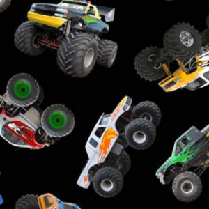 monster truck fabric in motion in black premium quality cotton fabric by the yard