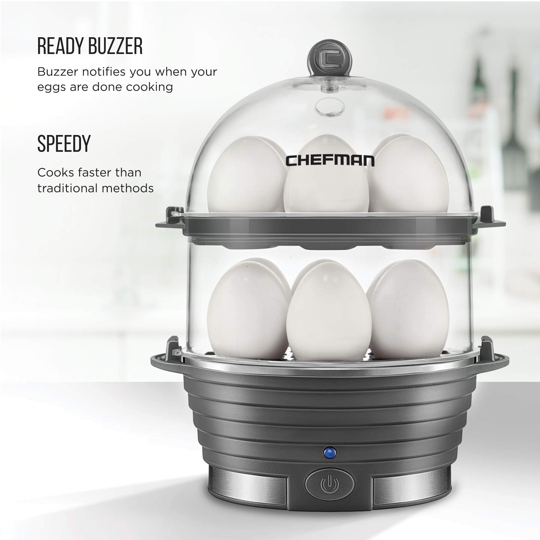 Chefman Electric Egg Cooker Boiler, Rapid Egg-Maker & Poacher, Food & Vegetable Steamer, Quickly Makes 12 Eggs, Hard or Soft Boiled, Poaching and Omelet Trays Included, Ready Signal, BPA-Free, Grey