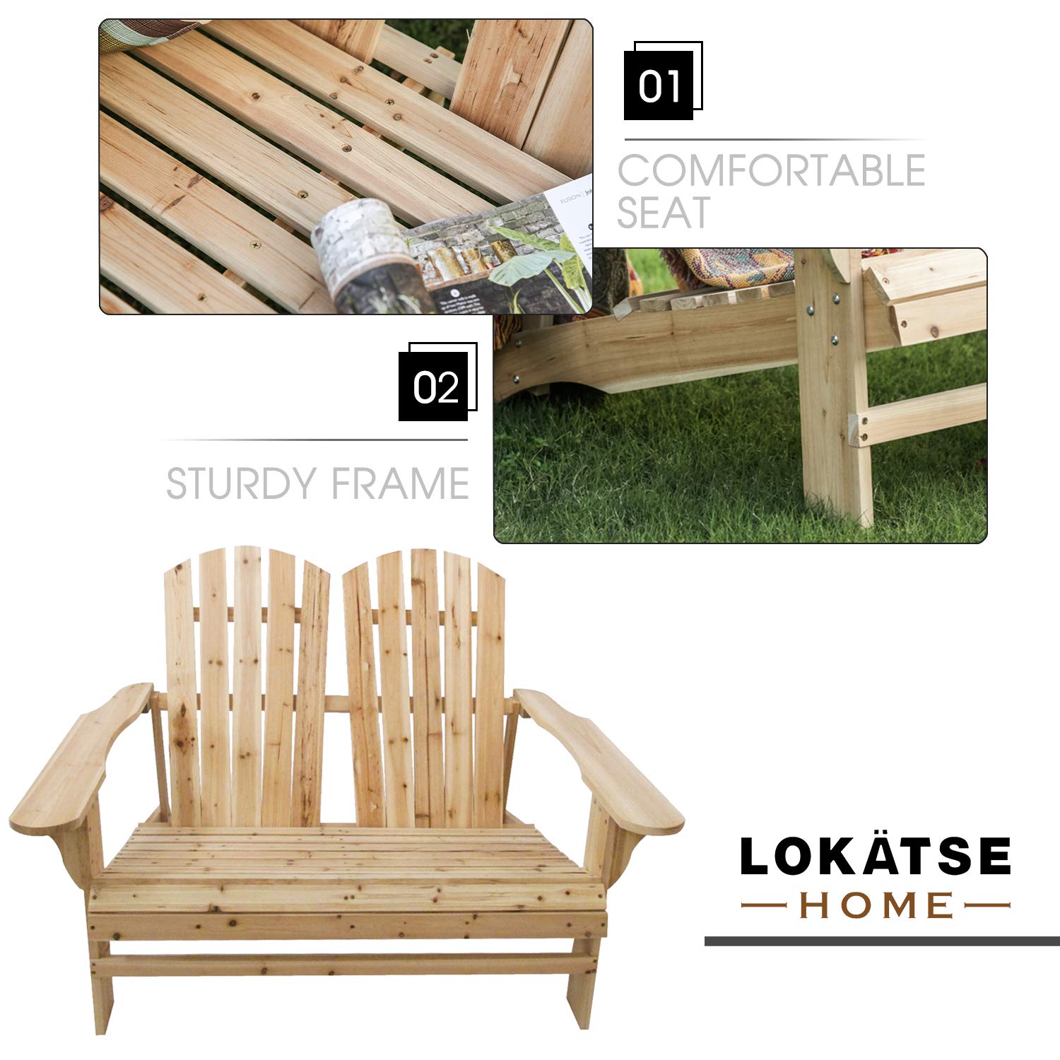 LOKATSE HOME Outdoor Wooden Adirondack Bench Loveseat Double Patio Chair Natural