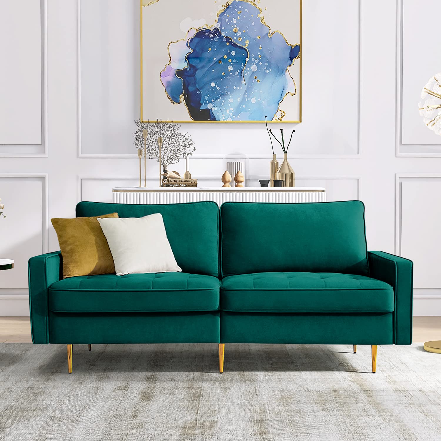 Danxee Velvet Fabric Sofa Couch 71" Wide Mid Century Modern Tufted Fabric Sofa Living Room Sofa 700lb Heavy Duty with 2 Pillows (Emerald)