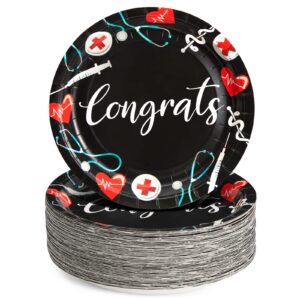 Sparkle and Bash 80 Pack Nurse Paper Plates for Nursing Graduation Party Supplies, Congrats and Medical Symbol Designs, for Student Nurses, Doctors, Medical Professionals (9-Inch Diameter)