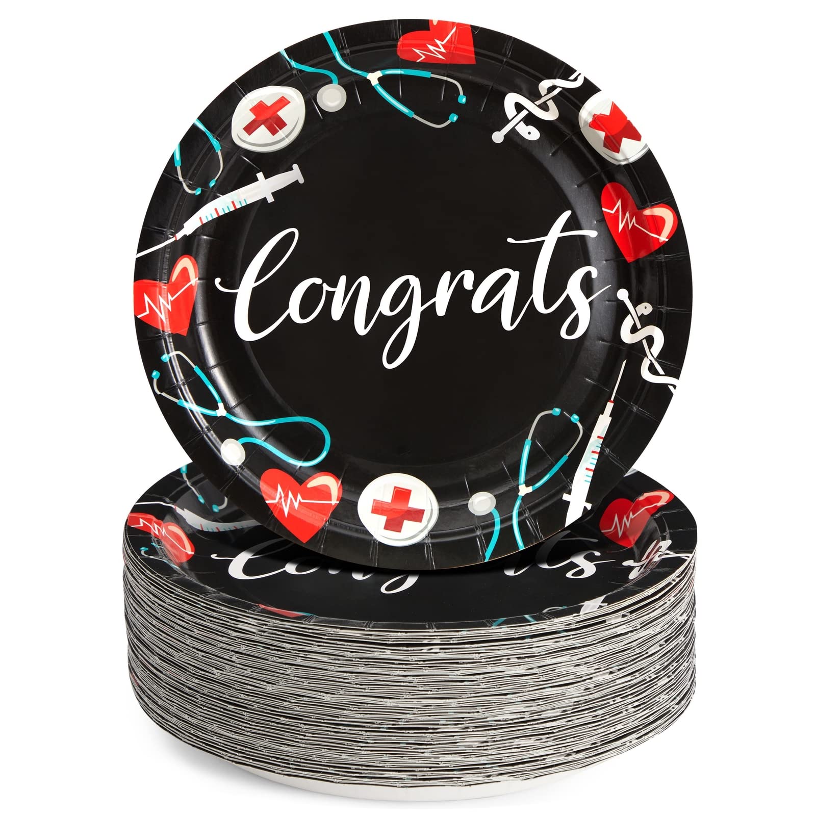 Sparkle and Bash 80 Pack Nurse Paper Plates for Nursing Graduation Party Supplies, Congrats and Medical Symbol Designs, for Student Nurses, Doctors, Medical Professionals (9-Inch Diameter)