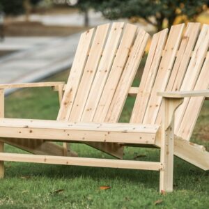 LOKATSE HOME Outdoor Wooden Adirondack Bench Loveseat Double Patio Chair Natural