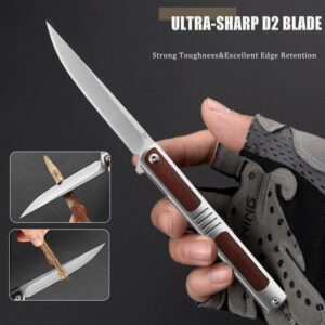 QZL Pocket Knife for Men, Folding Knife with Clip, with D2 Steel Blade, Safety Liner Lock, Sharp Knife for Outdoor Tactical Survival Camping Hunting Fishing, Cool Knifes for Dad