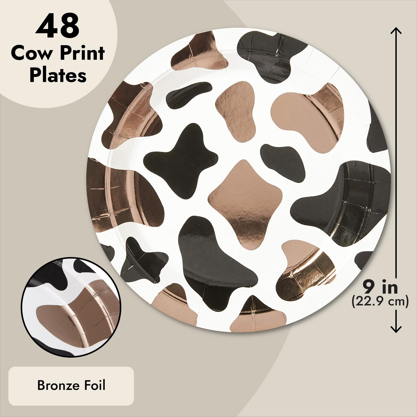 BLUE PANDA 48 Pack Cow Print Paper Plates for Barnyard Birthday Party Supplies, Farm Animal Baby Shower (Brown Foil Print, 9 Inches)