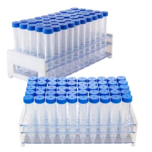 ackers conical centrifuge tubes 15ml, 100pcs sterile plastic test tubes with screw caps, polypropylene container with graduated and write-on spot, non-pyrogenic, dn/rnase free | 2 test tube racks