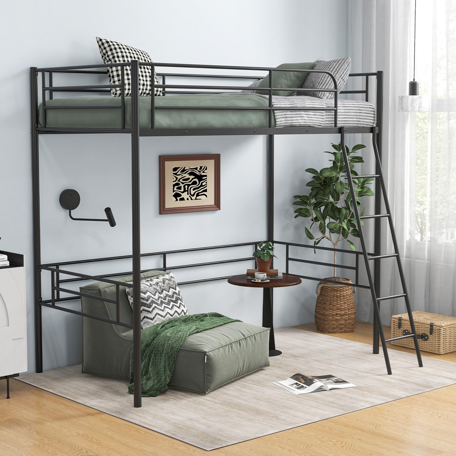 Giantex Twin Size Loft Bed, Metal Loft Bed Frame with Ladder & Safety Guardrail, Space-Saving Loft Bed with Ample Space Underneath, for Teens Junior and Adults, No Box Spring Need, Black