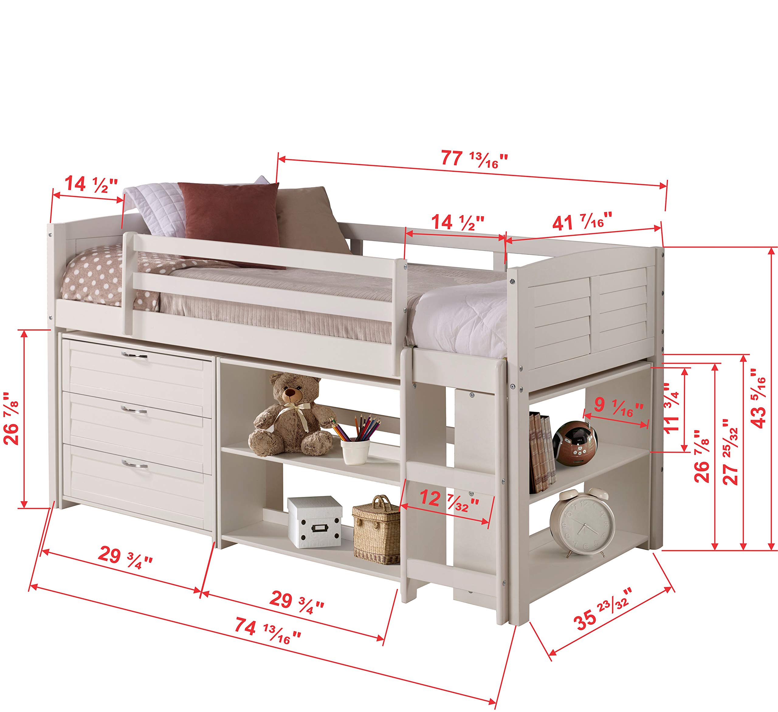 Donco Kids Louver Panel Twin Modular Low Loft Bed in White Finish - Combo Set B