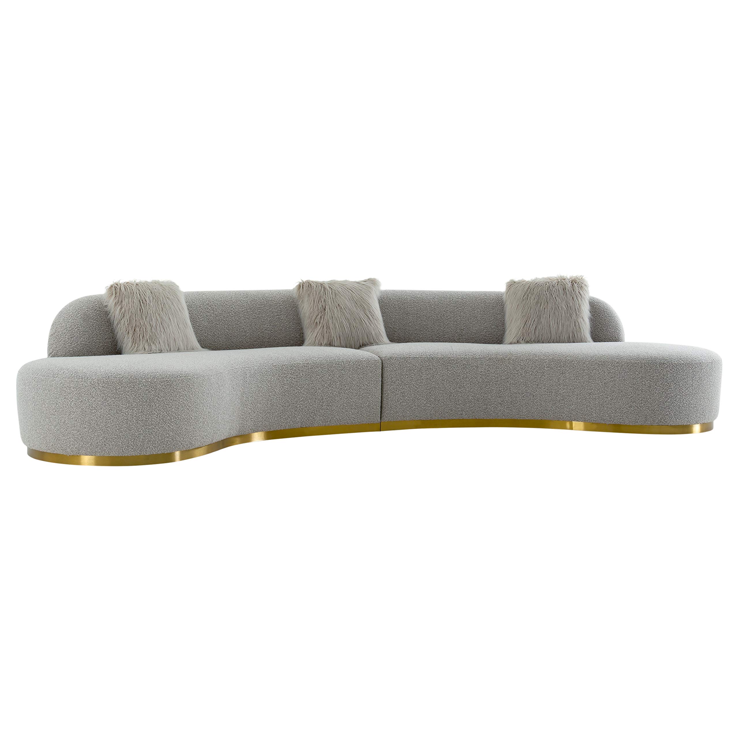 Pasargad Home Simona Collection Curved Sofa - Textured Fabric Upholstery, Living Room, Luxury Room Sofa with 3 Pillows, 150.4" Width, Grey/Gold