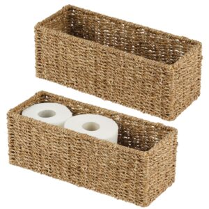 mdesign small natural woven seagrass bathroom toliet roll holder storage organizer basket bin; use on bathroom countertop, toilet tank top - holds 3 rolls of toilet paper - 2 pack - natural/tan