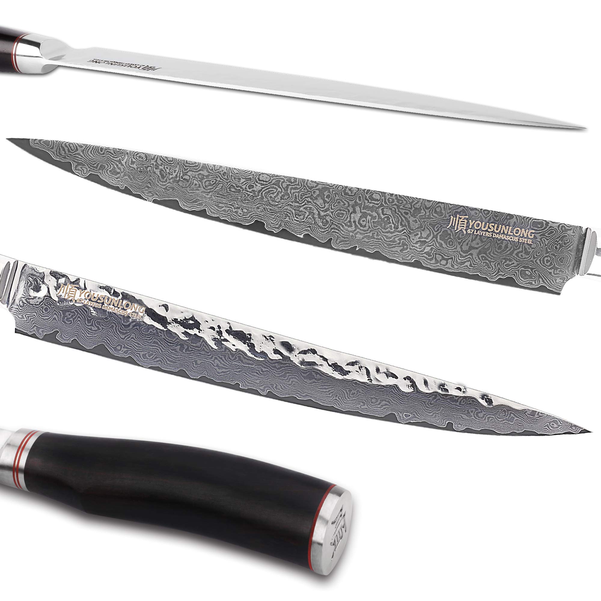 YOUSUNLONG Fillet Knife Pro Meat Carving Knife Sashimi Knife 24.5cm-Right-handed - Japanese Hammered Damascus Steel Natural Leadwood Handle With Leather Sheath