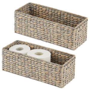 mdesign woven hyacinth narrow bathroom toilet roll holder storage organizer basket bin - rectangle containers for bathroom, toilet tank - hold 3 rolls of toilet paper - 2 pack - gray