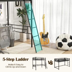 Giantex Twin Size Loft Bed, Metal Loft Bed Frame with Ladder & Safety Guardrail, Space-Saving Loft Bed with Ample Space Underneath, for Teens Junior and Adults, No Box Spring Need, Black