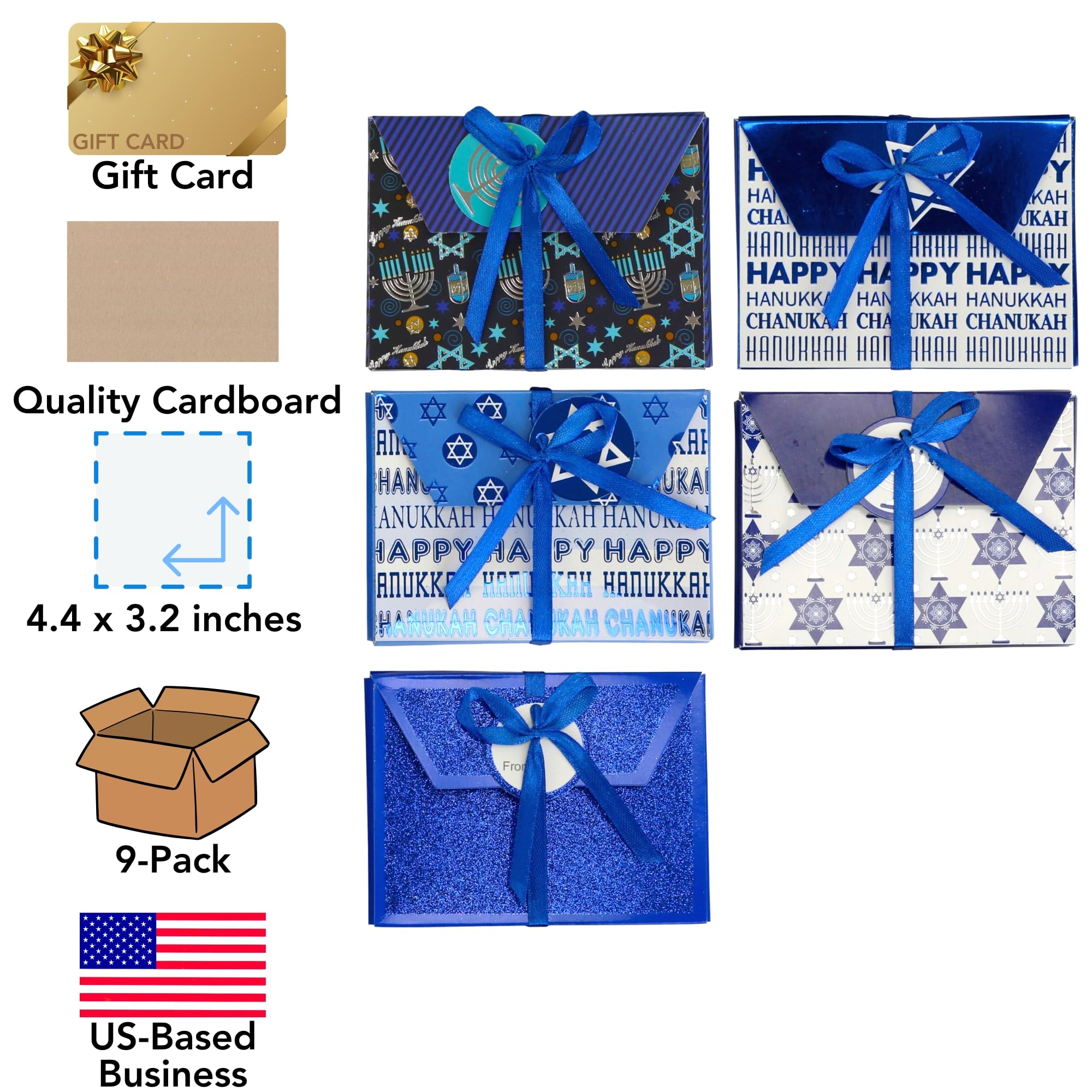 Iconikal Hanukkah Foil and Ribbon Embellished Gift Card Boxes, Set of 9