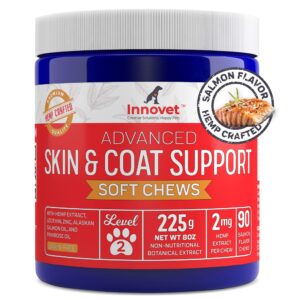 innovet pet products advanced skin & coat support for dogs-90 soft chews with omega 3 6 9, epa dha fatty acids all natural supplements for healthy shiny & itch free skin boosts immunity| made in usa