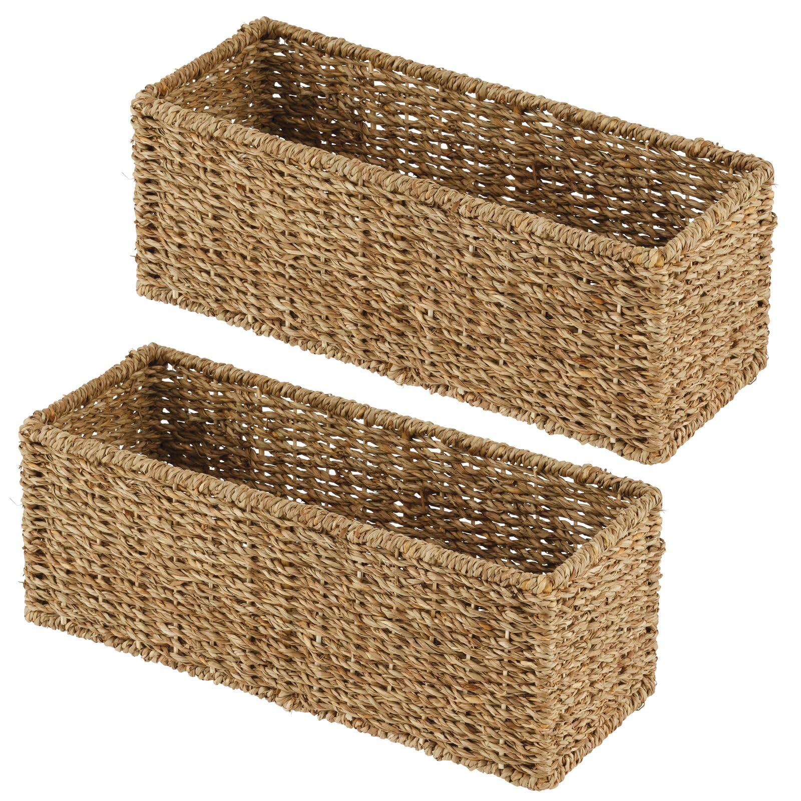 mDesign Small Natural Woven Seagrass Bathroom Toliet Roll Holder Storage Organizer Basket Bin; Use on Bathroom Countertop, Toilet Tank Top - Holds 3 Rolls of Toilet Paper - 2 Pack - Natural/Tan