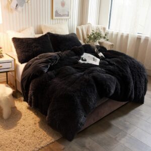 xege plush shaggy duvet cover luxury ultra soft crystal velvet bedding 1pc(1 faux fur duvet cover),zipper closure (queen, black)