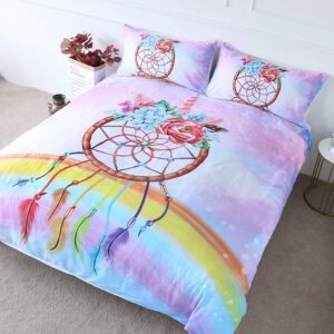 blessliving girls unicorn bedding duvet cover sets pastel blue purple pink bedding kids teens rainbow printed dream catcher bed set 3 piece bohemian floral comforter cover sets (queen)