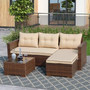 JOIVI Patio Conversation Set, PE Wicker Rattan Outdoor Furniture Set, 2 Ways Small Sectional Sofa Lounge and Love Seat with Cushions, Tempered Glass Coffee Table, Beige