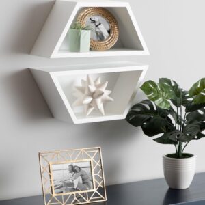 Kate and Laurel Camellia Geometric Wood Shelf Set, Set of 2, White, Modern Wooden Shelves for Wall Storage and Display