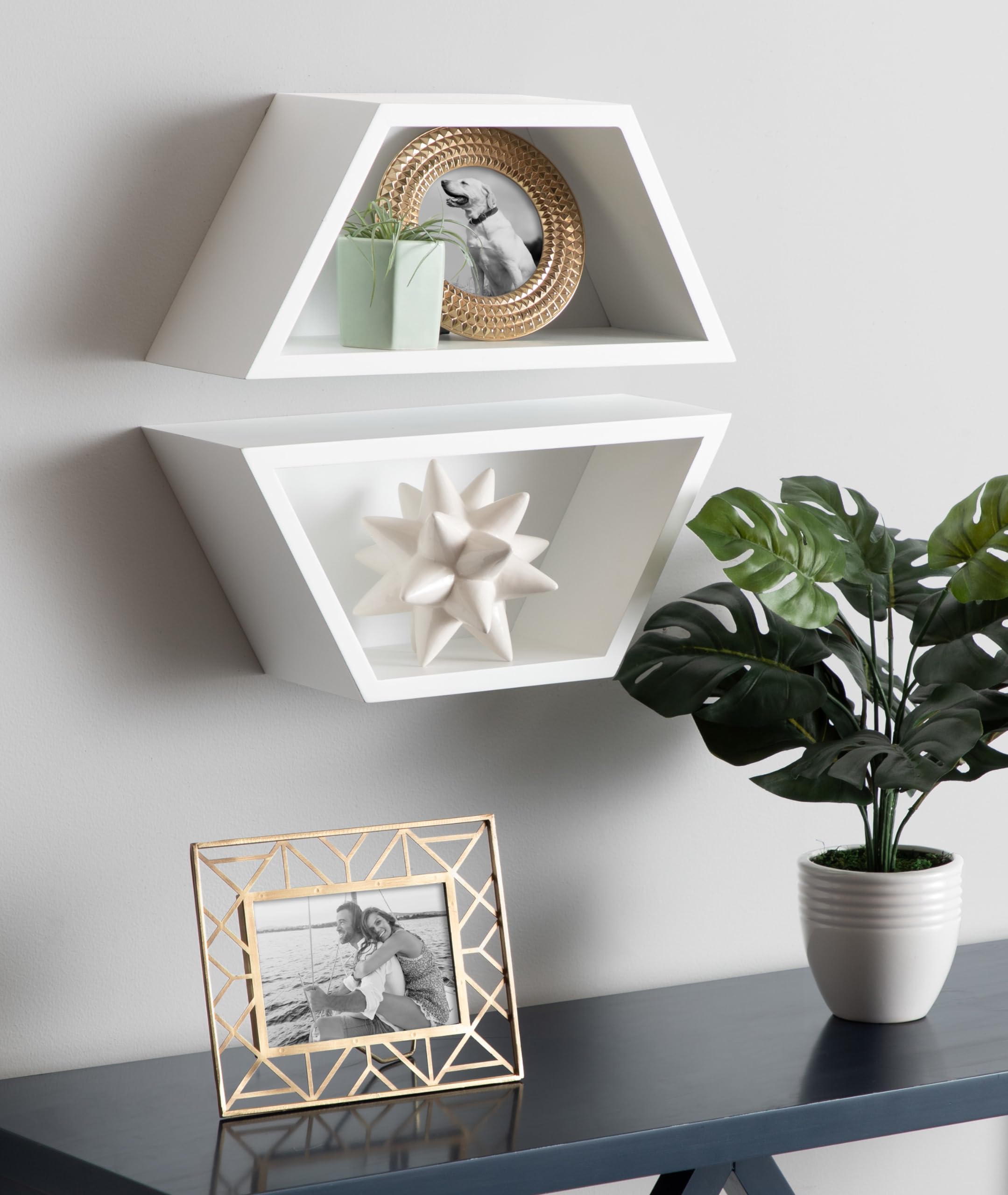 Kate and Laurel Camellia Geometric Wood Shelf Set, Set of 2, White, Modern Wooden Shelves for Wall Storage and Display