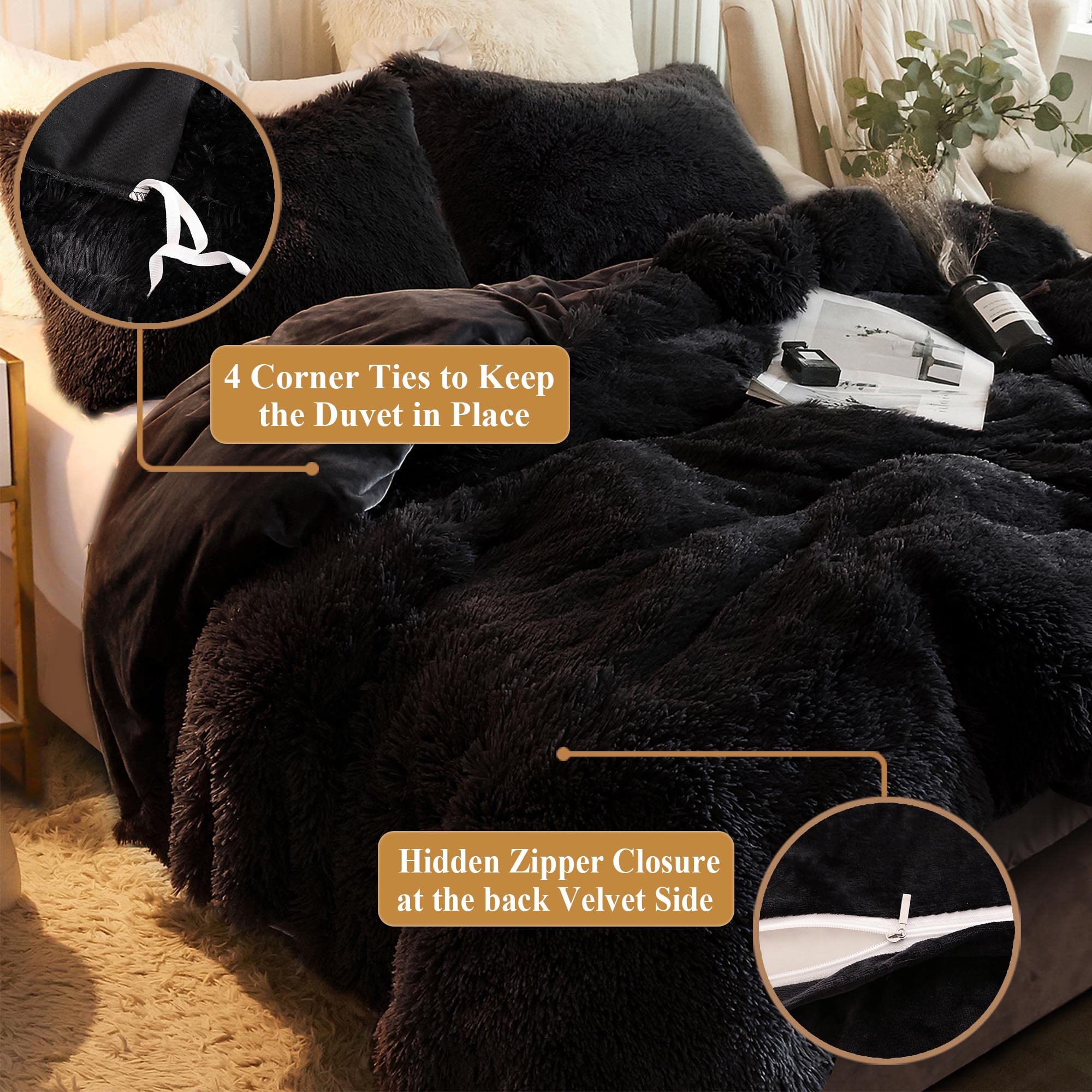 XeGe Plush Shaggy Duvet Cover Luxury Ultra Soft Crystal Velvet Bedding 1PC(1 Faux Fur Duvet Cover),Zipper Closure (Queen, Black)