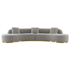 Pasargad Home Simona Collection Curved Sofa - Textured Fabric Upholstery, Living Room, Luxury Room Sofa with 3 Pillows, 150.4" Width, Grey/Gold