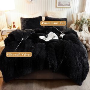 XeGe Plush Shaggy Duvet Cover Luxury Ultra Soft Crystal Velvet Bedding 1PC(1 Faux Fur Duvet Cover),Zipper Closure (Queen, Black)