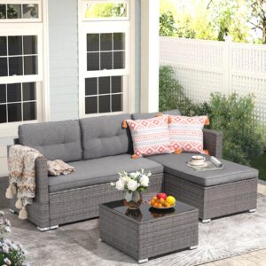 joivi outdoor patio furniture sets, all weather outdoor sectional patio sofa, wicker rattan outdoor couch patio set with cushions, tempered glass table, 3-piece outdoor seating sofas, gray