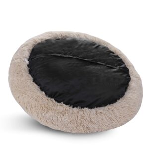 Donut Dog Bed Calming Ultra Soft Shag Faux Fur Dog Bed Comfortable Donut Cuddler for Dogs and Cats,Self Warming and Washable (30Inches, Beige)