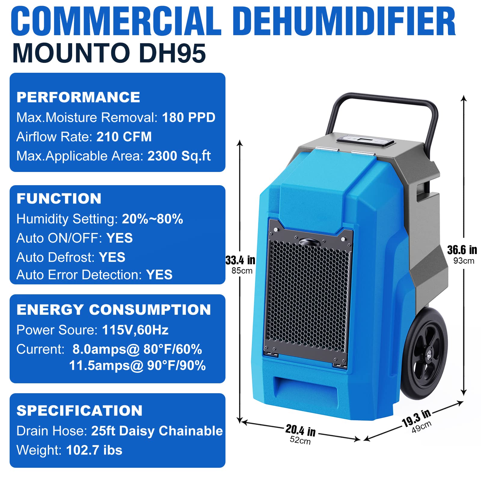 MOUNTO 180Pints LGR Industrial Dehumidifier with Pump and Drain Hose, Portable Commercial Dehumidifier with Wheels for Home, Basements, Garages, and Job Sites