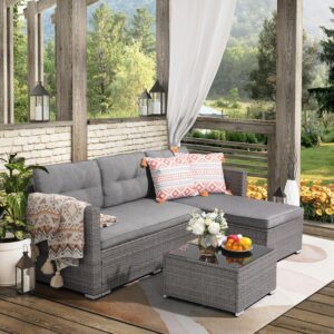 JOIVI Outdoor Patio Furniture Sets, All Weather Outdoor Sectional Patio Sofa, Wicker Rattan Outdoor Couch Patio Set with Cushions, Tempered Glass Table, 3-Piece Outdoor Seating Sofas, Gray