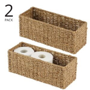 mDesign Small Natural Woven Seagrass Bathroom Toliet Roll Holder Storage Organizer Basket Bin; Use on Bathroom Countertop, Toilet Tank Top - Holds 3 Rolls of Toilet Paper - 2 Pack - Natural/Tan