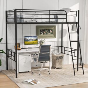 Giantex Twin Size Loft Bed, Metal Loft Bed Frame with Ladder & Safety Guardrail, Space-Saving Loft Bed with Ample Space Underneath, for Teens Junior and Adults, No Box Spring Need, Black