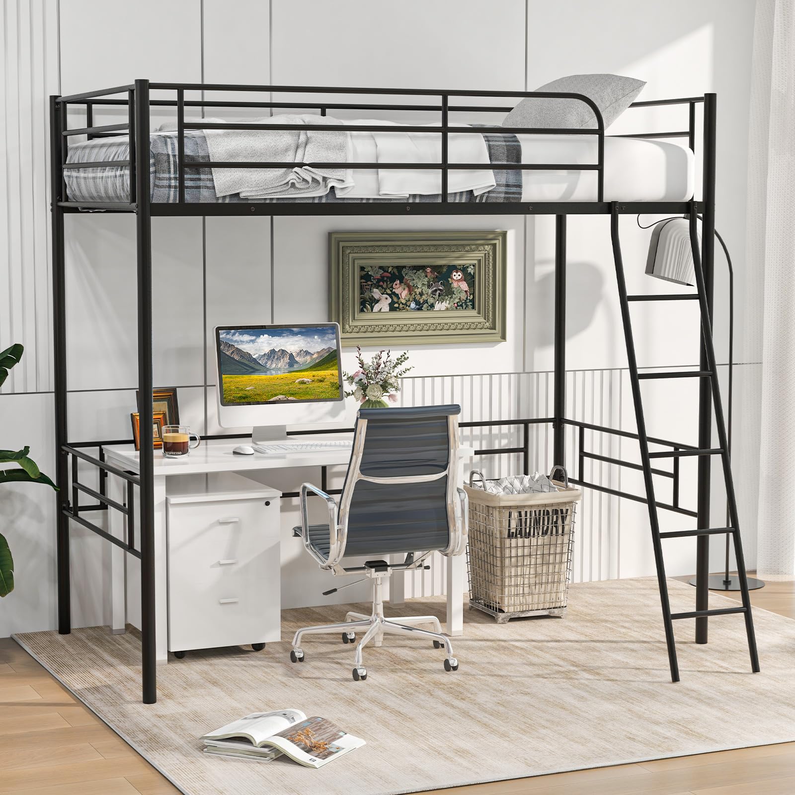 Giantex Twin Size Loft Bed, Metal Loft Bed Frame with Ladder & Safety Guardrail, Space-Saving Loft Bed with Ample Space Underneath, for Teens Junior and Adults, No Box Spring Need, Black