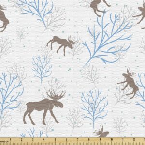 ambesonne moose fabric by the yard, winter forest retro style illustration reindeer and trees snowy xmas nature, decorative fabric for upholstery and home accents, 1 yard, blue brown