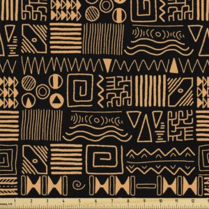 ambesonne vintage tribal fabric by the yard, creative abstract art continuous monochrome aboriginal pattern, decorative fabric for upholstery and home accents, 1 yard, orange black