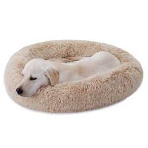 donut dog bed calming ultra soft shag faux fur dog bed comfortable donut cuddler for dogs and cats,self warming and washable (30inches, beige)